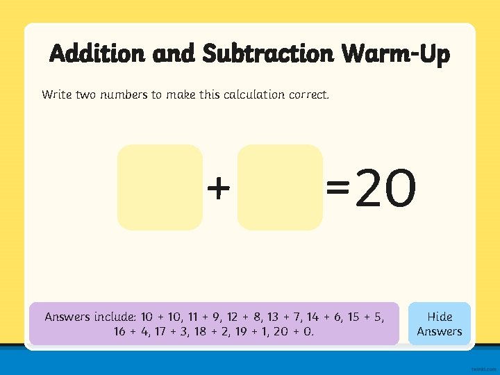 Addition and Subtraction WarmUp Addition and Subtraction WarmUp