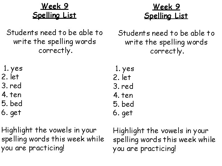 Week 2 Spelling List Students need to be