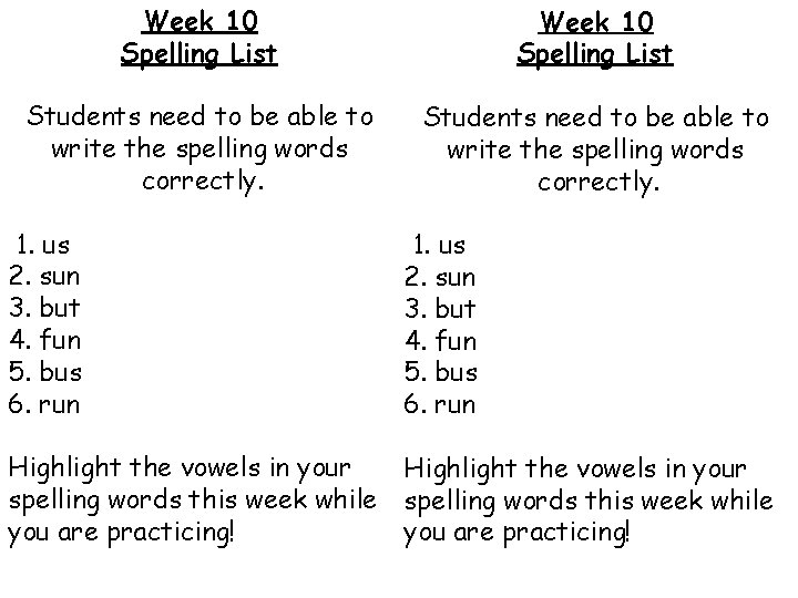 Week 2 Spelling List Students need to be