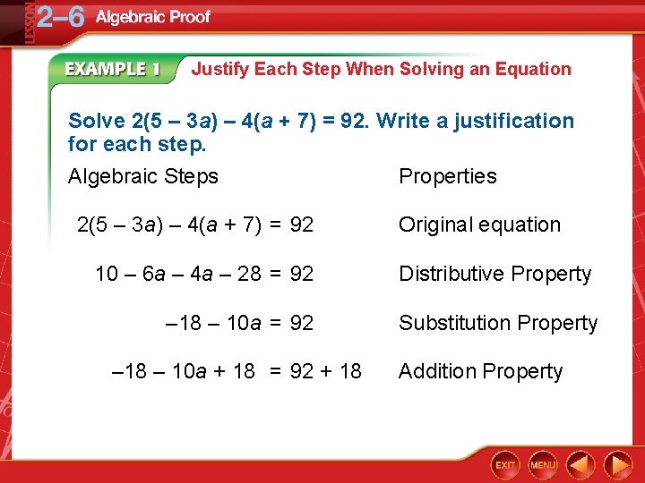 LESSON 2 6 Algebraic Proof FiveMinute Check over