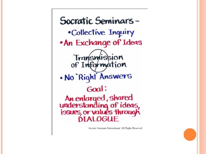 THE SOCRATIC SEMINAR DEBATE AND DIALOGUE Dialogue is