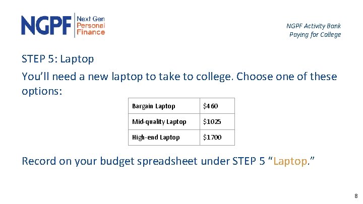 NGPF Activity Bank Paying for College Spanish version