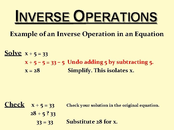 SOLVING ALGEBRAIC EQUATIONS Inverse Operations TwoStep MultiStep INTRO SOLVING ALGEBRAIC EQUATIONS Inverse Operations TwoStep MultiStep INTRO