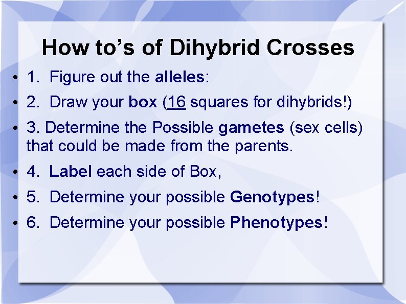 Two Trait Crosses The Dihybrid Cross What is