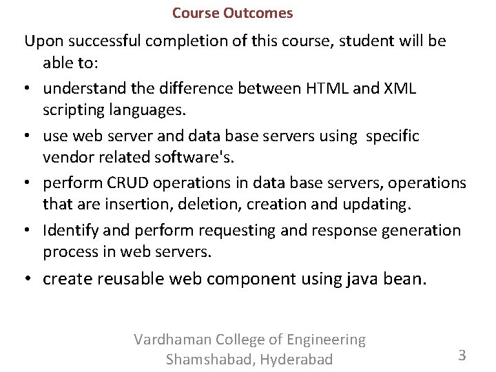Lecture 1 Contents Title Course objectives Course outcomes