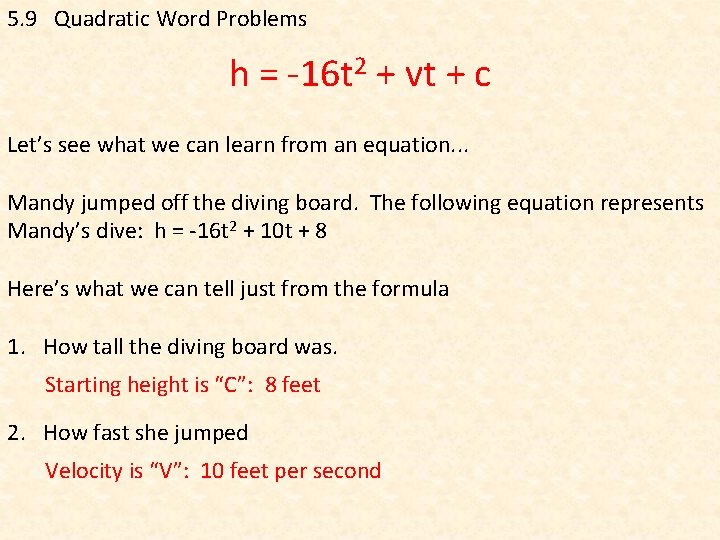 5 9 Quadratic Word Problems Working With Gravity