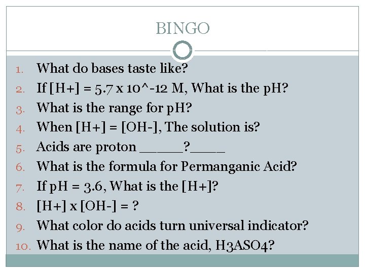 Today Acids Bases 1 4 b BINGO Rocket