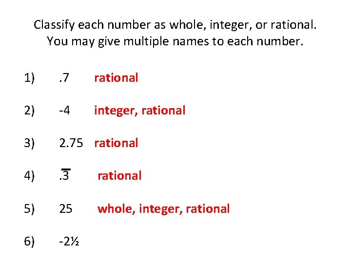 Classifying Numbers Whole Numbers Integers Rational Numbers Irrational