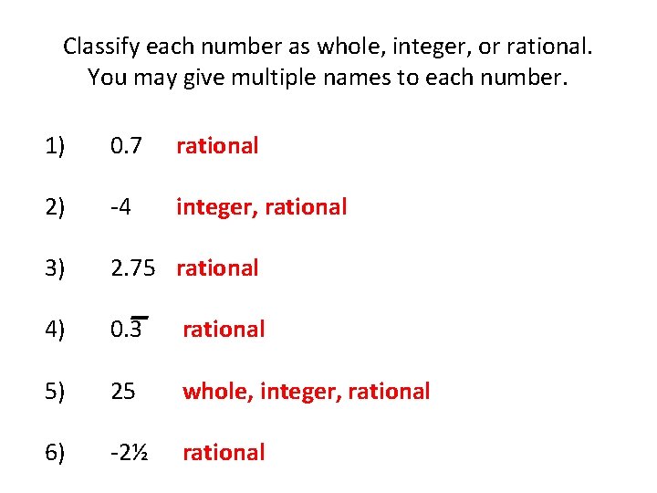 Classifying Numbers Whole Numbers Integers Rational Numbers Irrational