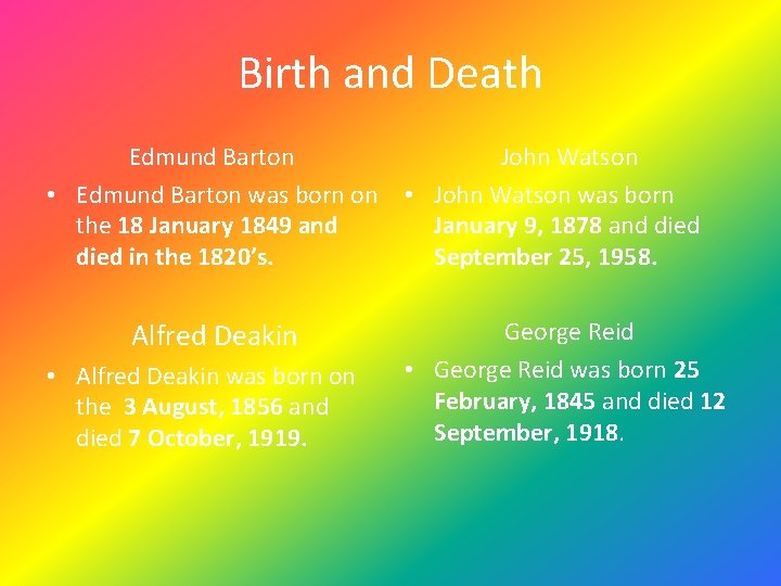 Australian Prime Minister Timeline By Verdi YEAR 1901
