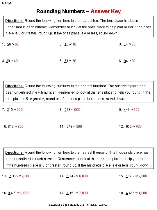 Name Rounding Numbers Directions Round the following numbers