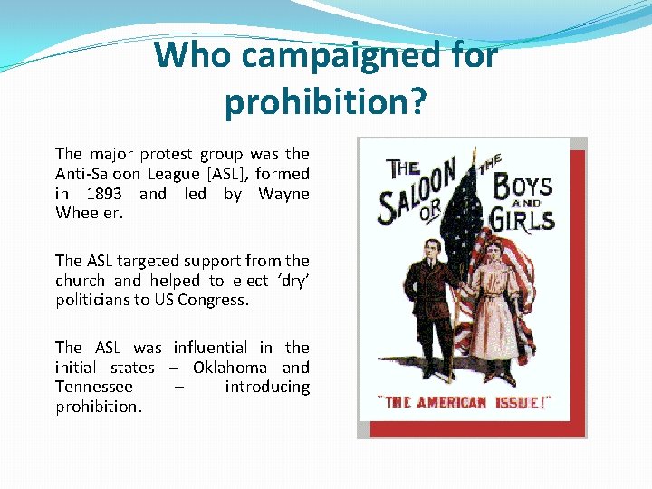 Why was prohibition introduced in the USA Learning