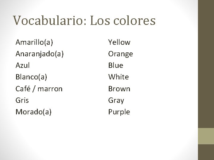 Adjectives Spanish 2 Vocabulario Los colores Amarilloa Anaranjadoa