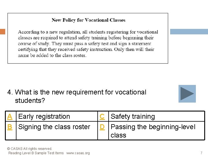 CASAS READING SAMPLE TEST ITEMS LEVEL B Practice