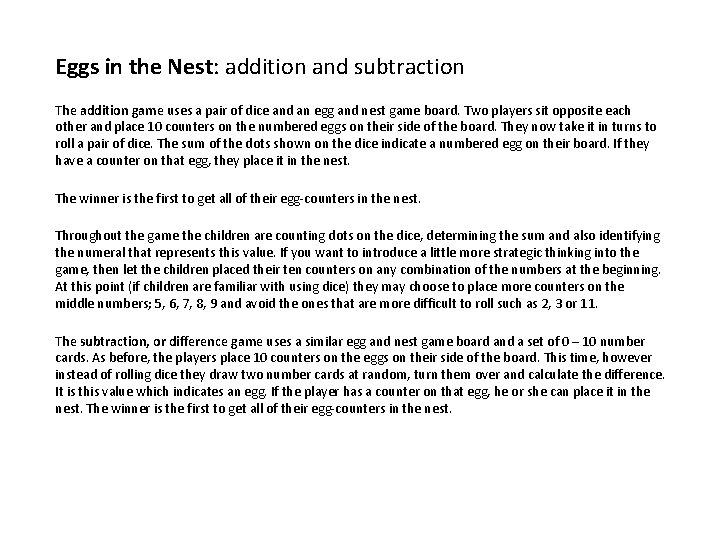 Eggs in the Nest addition and subtraction The