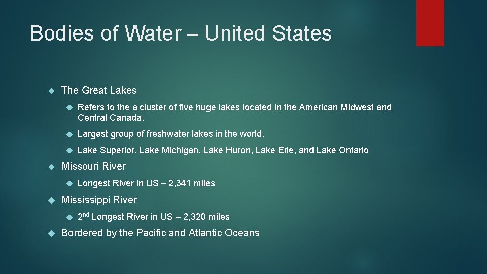 North American Geography Bodies of Water United States