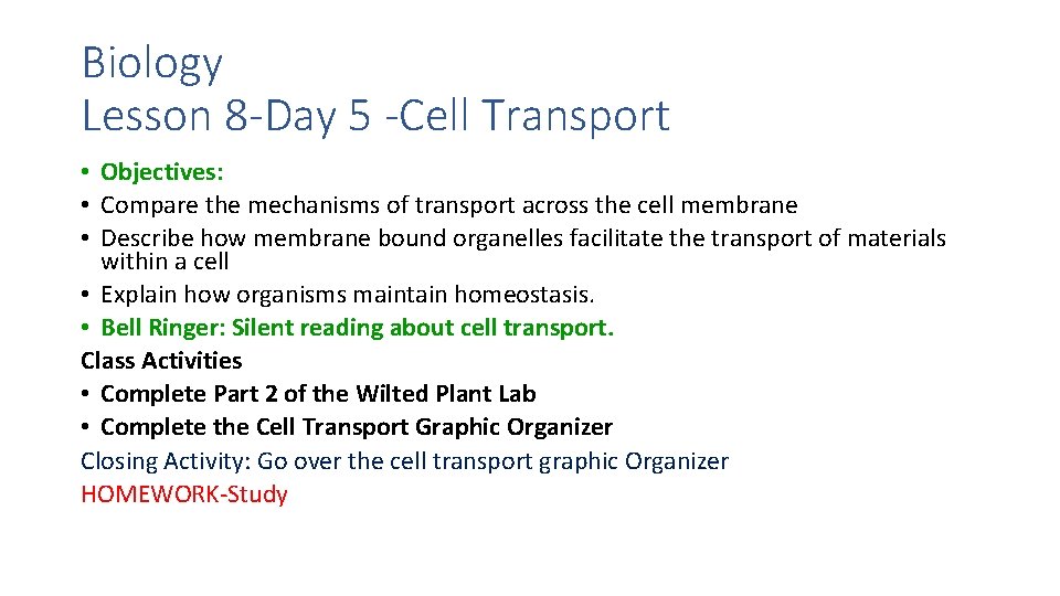 Lesson 8 Cell TransportDaily Agenda for Students Biology