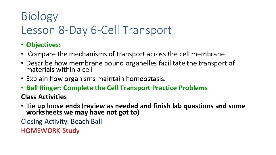 Lesson 8 Cell TransportDaily Agenda for Students Biology