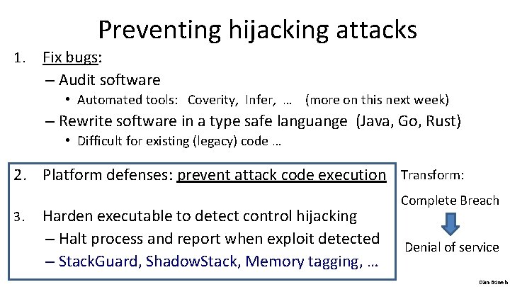 Control Hijacking Defenses Dan Boneh Recap control hijacking