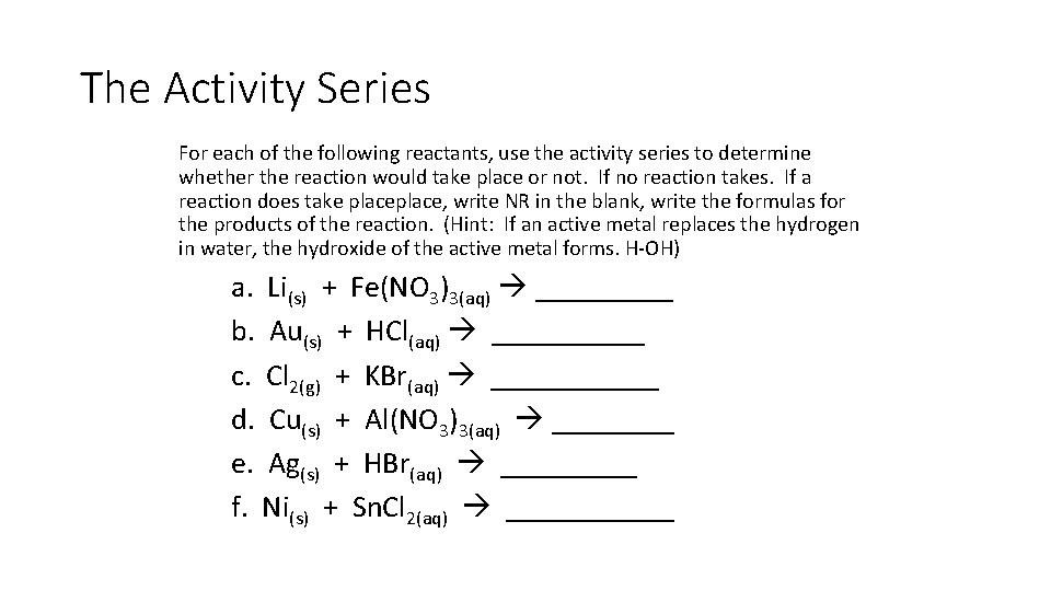 Write and balance the following reactions Aqueous solutions