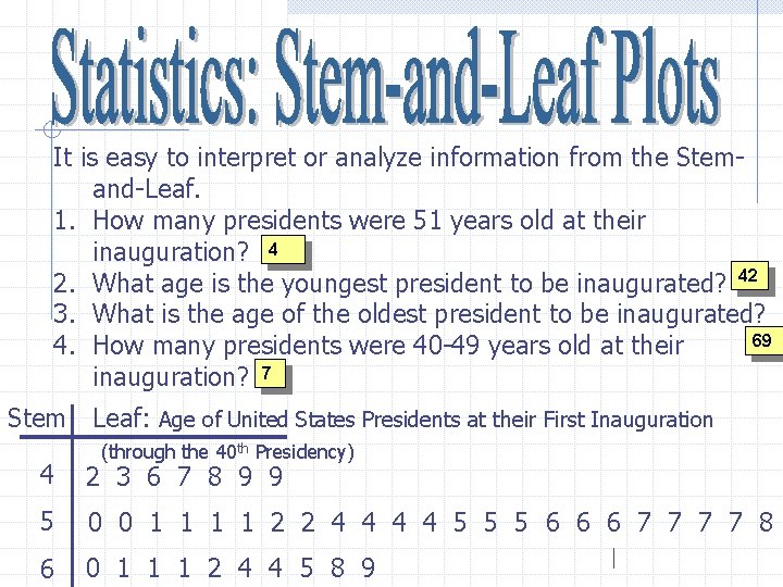 Displaying Analyzing Data Stemandleaf Plot BoxandWhisker Plot Venn