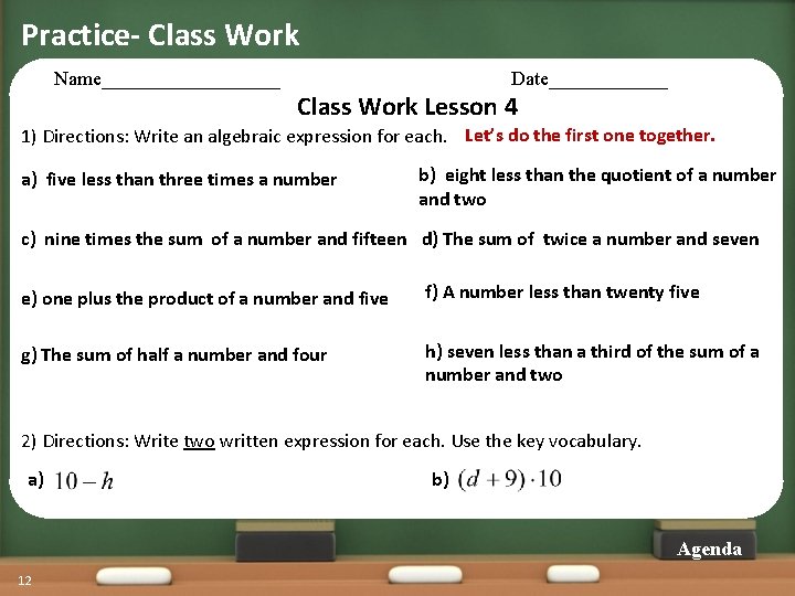 Writing Algebraic Expressions Part 2 1 Warm Up