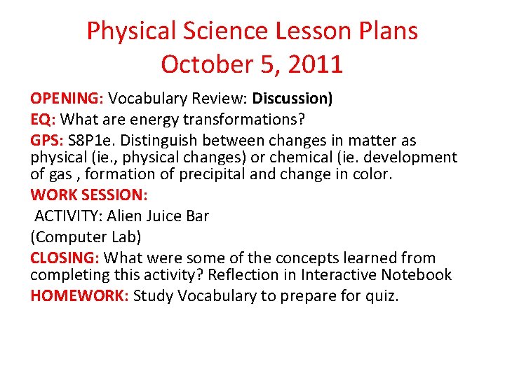 Physical Science and Georgia Studies Lesson Plans October
