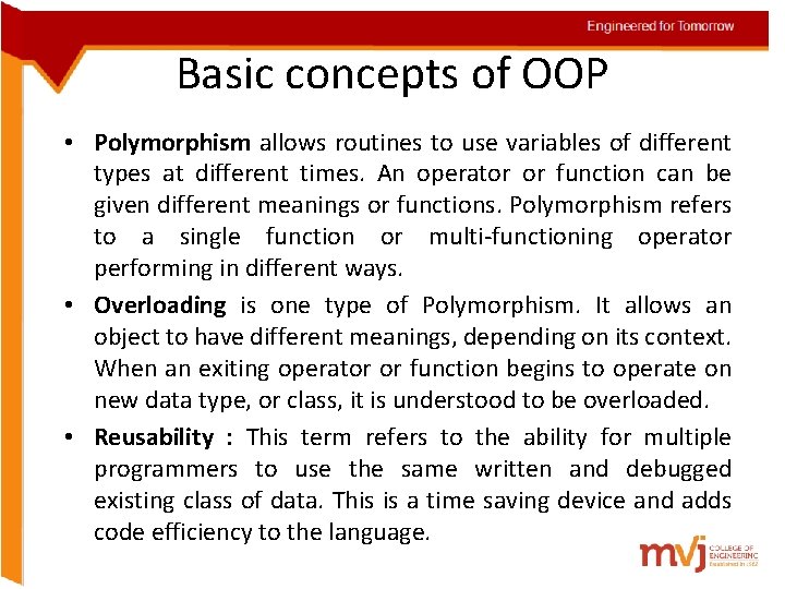 Engineered for Tomorrow Subject Name Object Oriented Programming