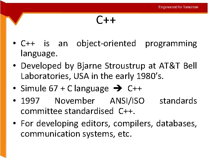 Engineered for Tomorrow Subject Name Object Oriented Programming