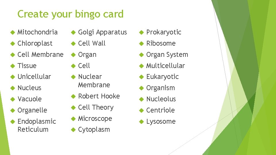Cell Bingo Create your bingo card Mitochondria Golgi