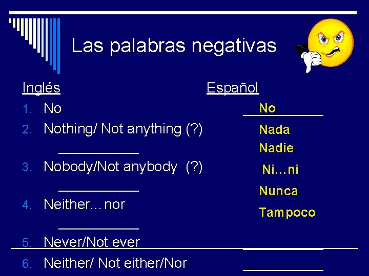 Las palabras afirmativas y negativas Espaol II Las