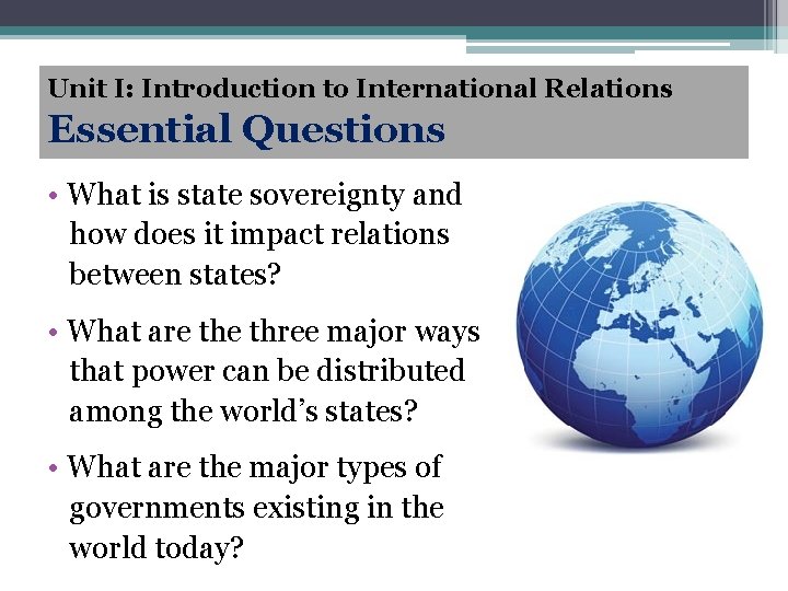 Global Relations Unit I Introduction to International Relations