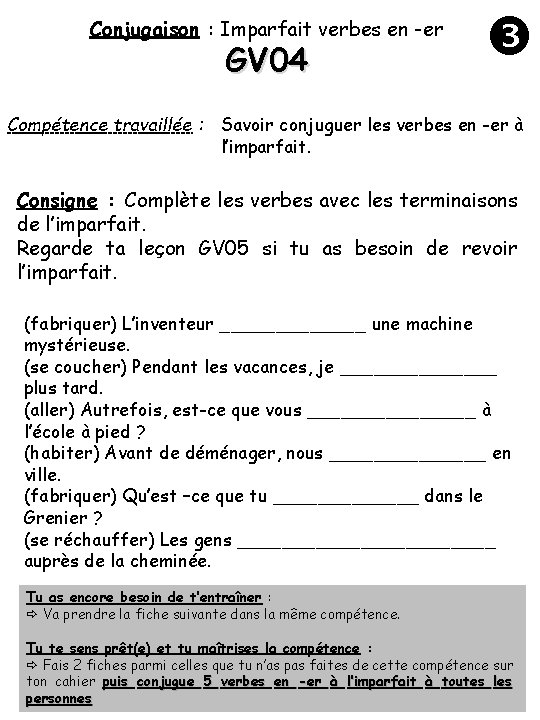 Conjugaison Imparfait verbes en er GV 04 Comptence