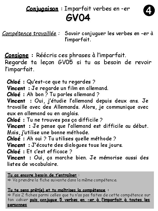 Conjugaison Imparfait verbes en er GV 04 Comptence