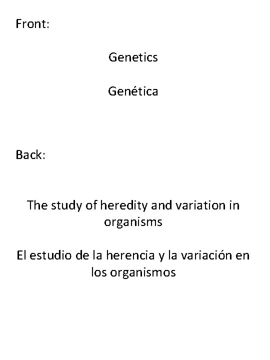 Genetics Vocabulary Ch 5 Front Genetics Gentica Back