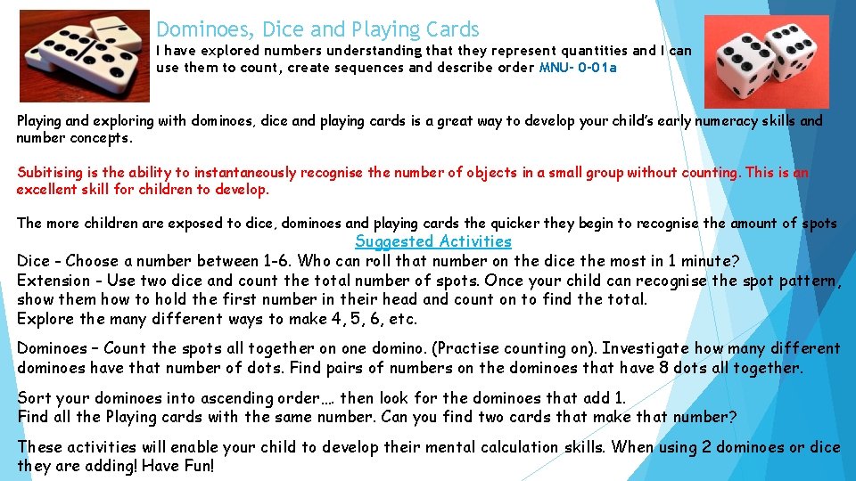 Dominoes Dice and Playing Cards Week beginning 18