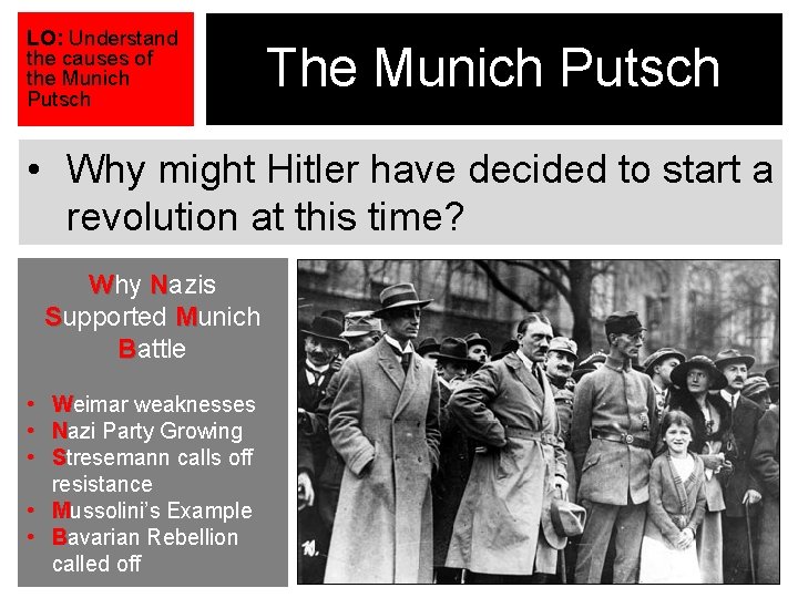 The Munich Putsch Learning Objectives Understand the causes