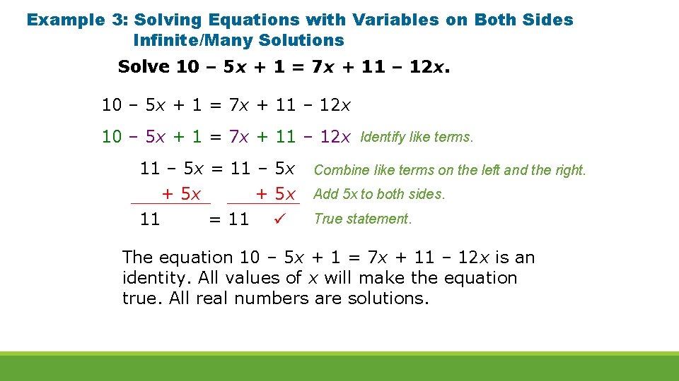 Example 1 Solving Equations with Variables on Both