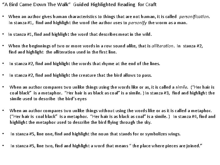 Guided Highlighted Reading using poetry A Bird Came