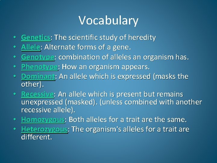 Classic Genetics a k a Mendelian Genetics Vocabulary