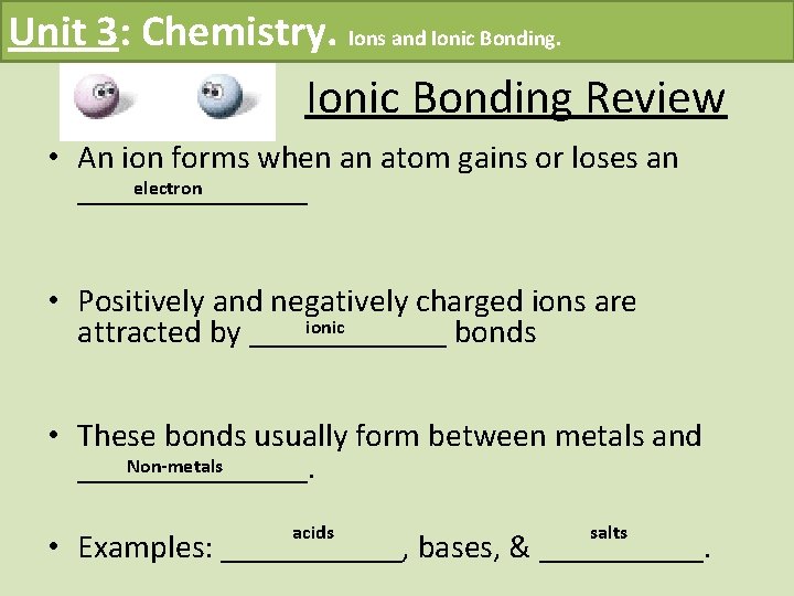 Unit 3 Chemistry Ions and Ionic Bonding What