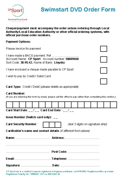 Swimstart DVD Order Form Cerebral Palsy Sport has