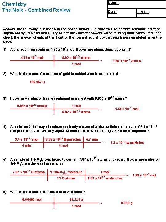 Chemistry The Mole Combined Review Name Date Period