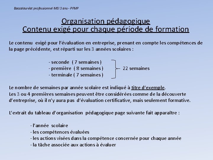 Baccalaurat professionnel MEI 3 ans PFMP Les PERIODES