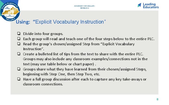 Explicit Vocabulary Instruction SESSION 4 ACADEMIC VOCABULARY 1