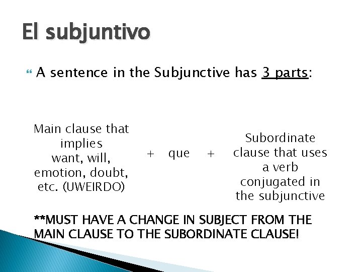 El subjuntivo In a sentence the VERB has