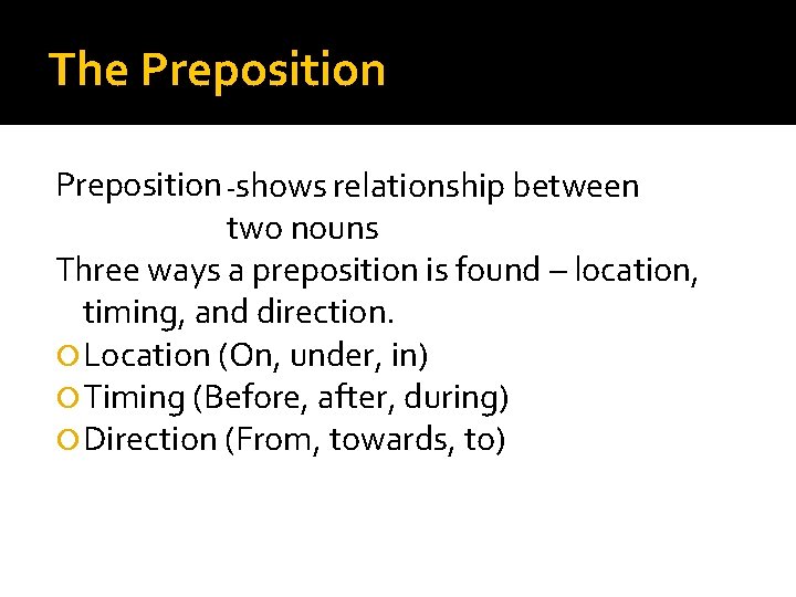 Preposition Power Point The Preposition shows relationship between