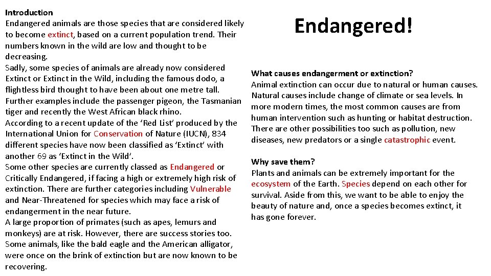 Lesson 3 Reading Comprehension Preparation Endangered To be