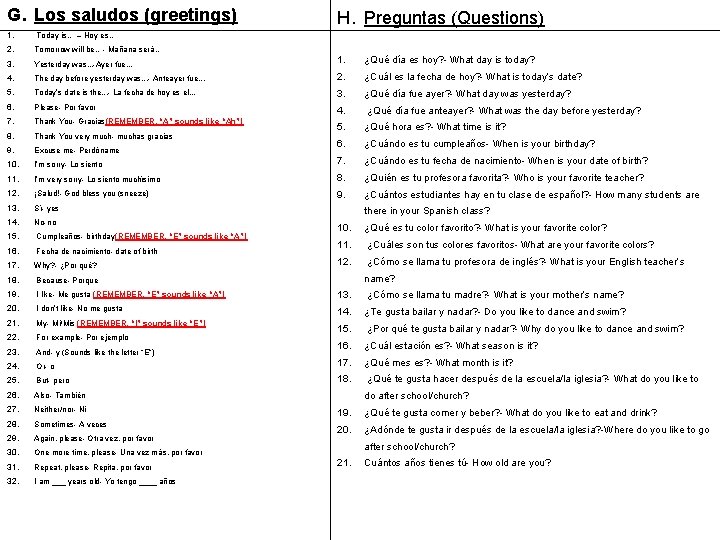 A Colors Los Colores B The days of