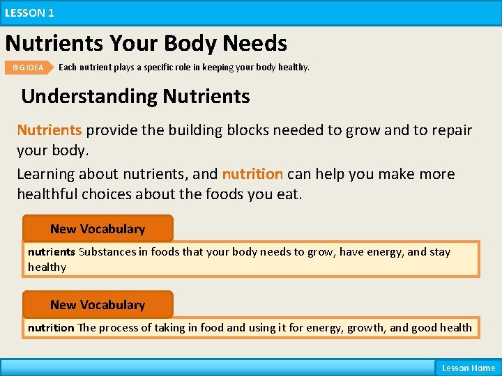 Nutrition Lesson 1 Nutrients Your Body Needs LESSON